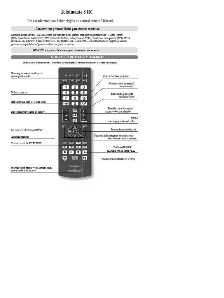 Guía de Uso Control Remoto Fully 8 RC | PDF | Control remoto ...
