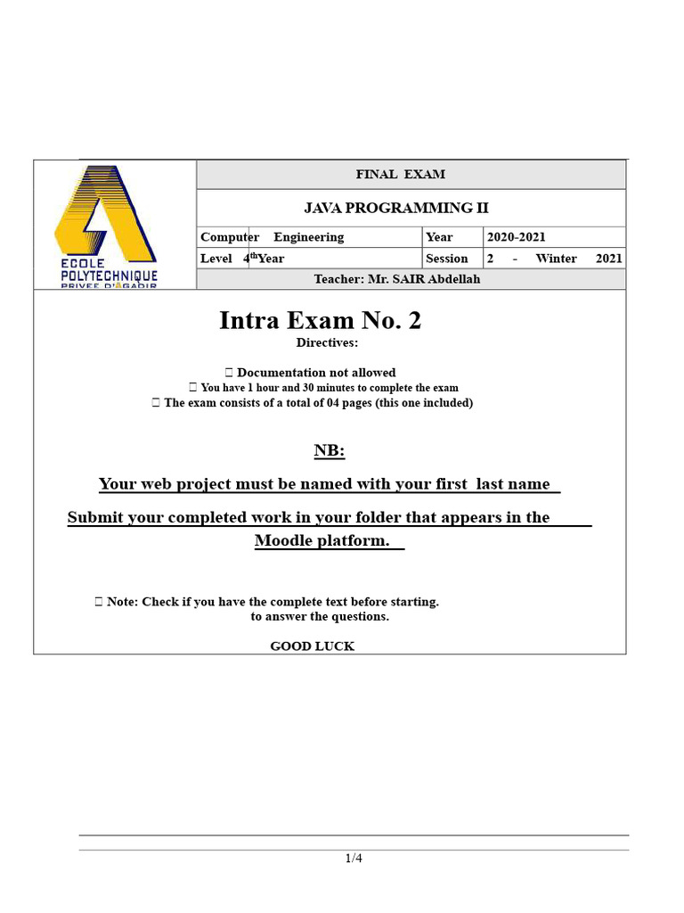 Intra-subject Exam No. 2 TIN8 JAVA PROGRAMMING II_2020_2021 (2) | PDF