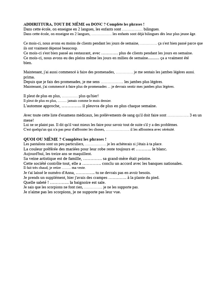 Complétez les phrases en français | PDF