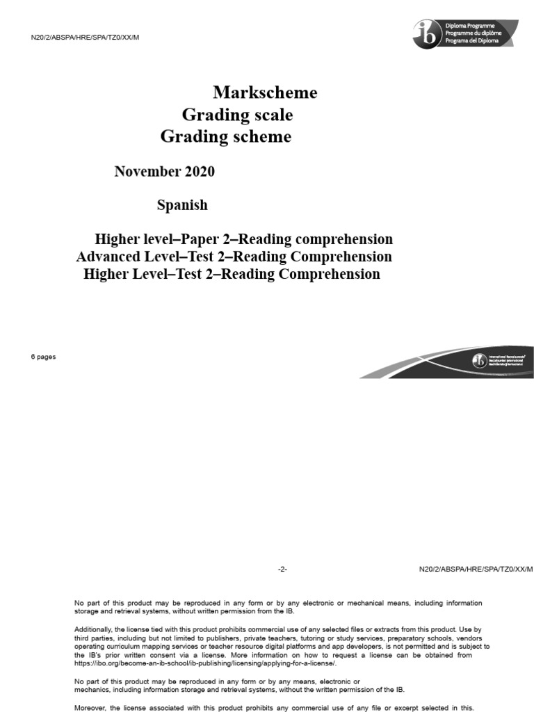 Spanish B Paper 2 Reading Comprehension HL Markscheme Spanish | PDF ...