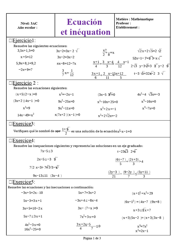 Ecuaciones e Inecuaciones Serie de Ejercicios Matemáticas 3AC Word 2 ...