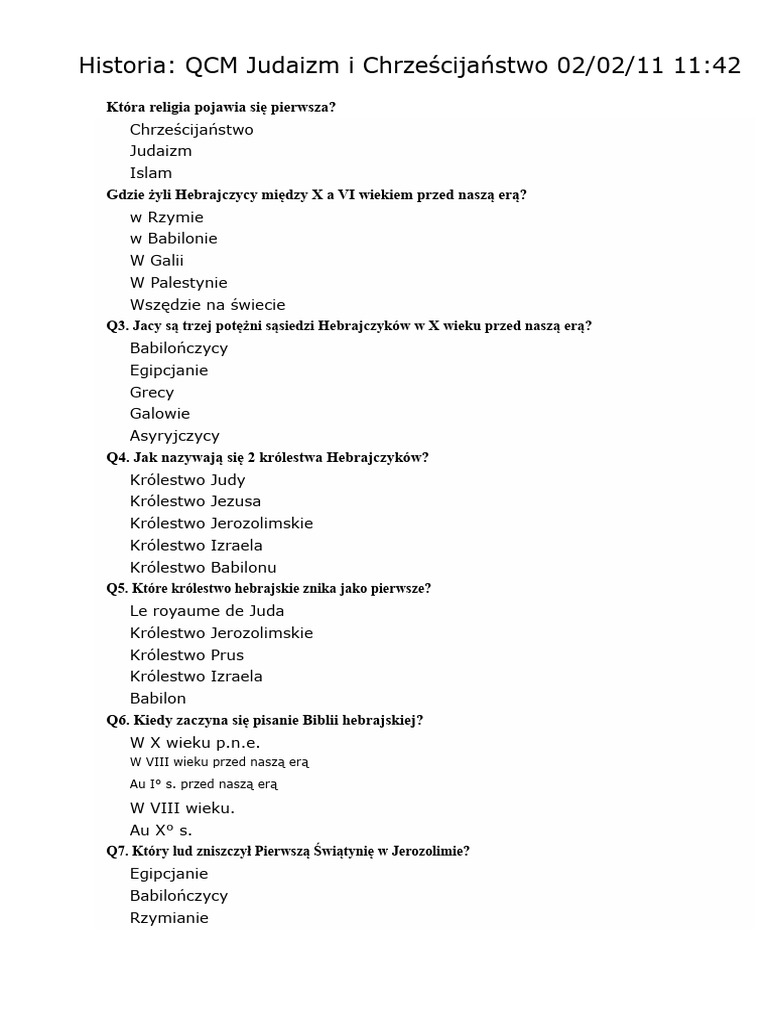 Historia: QCM Judaizm I Chrześcijaństwo 02/02/11 11:42: Która Religia ...