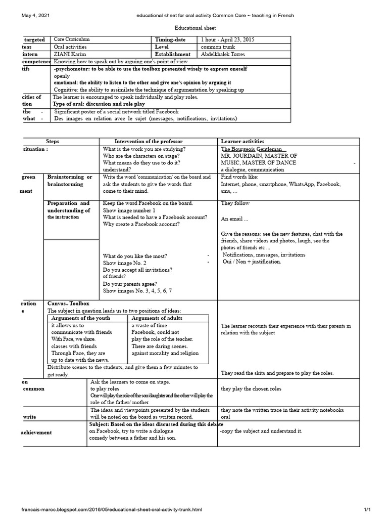 Pedagogical Sheet Oral Activity Common Core - Teaching in French | PDF ...