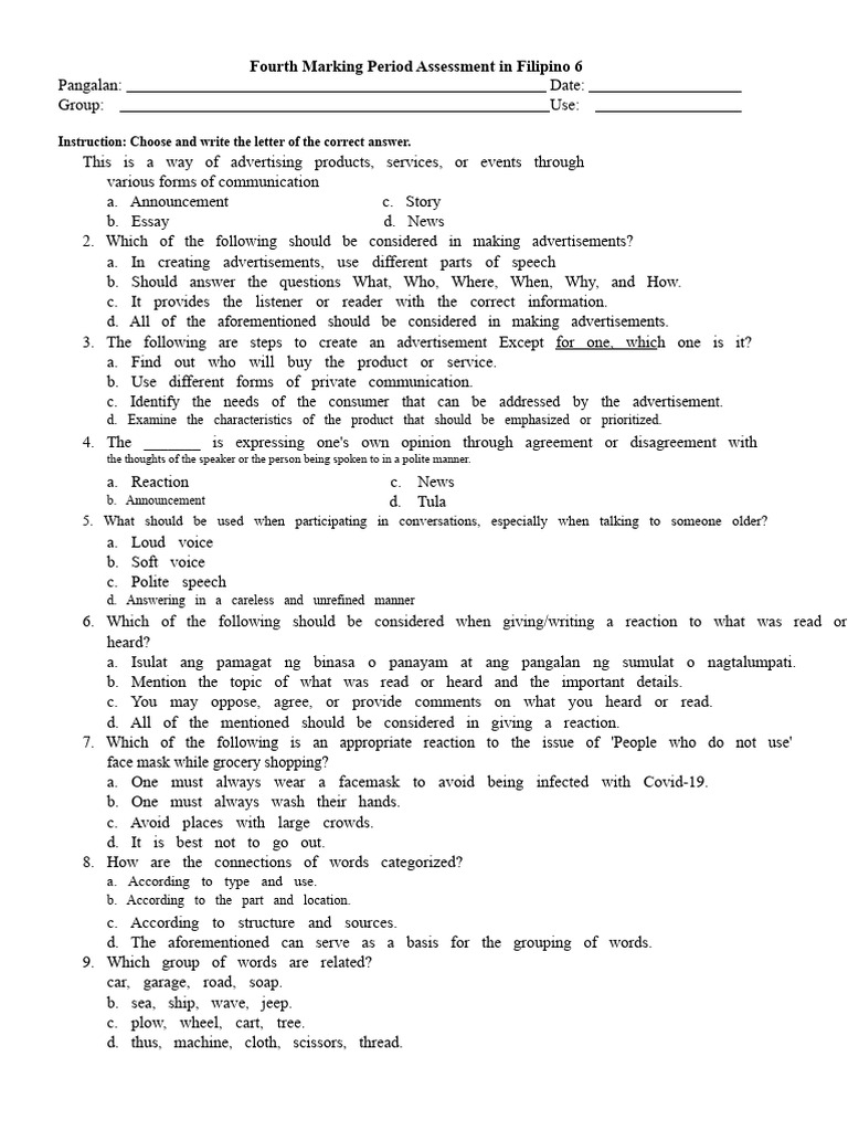 Fourth Quarter Marking Examination in Filipino 6 | PDF | Volume ...