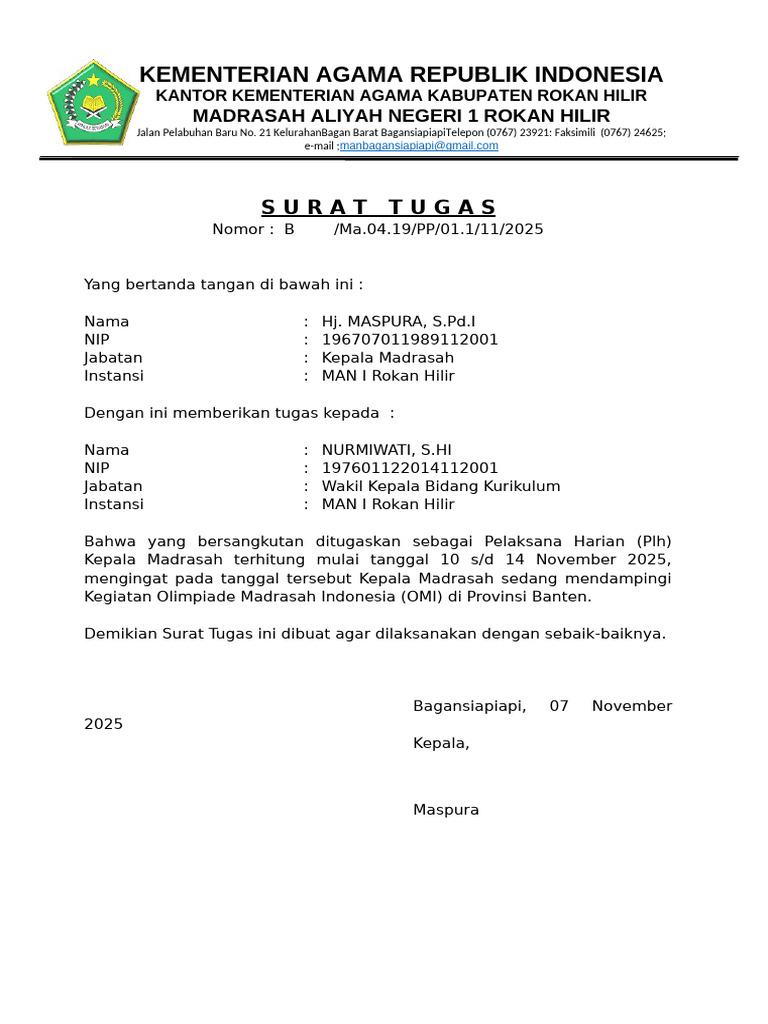 Surat Tugas Plh Kepala Madrasah 2025 | PDF