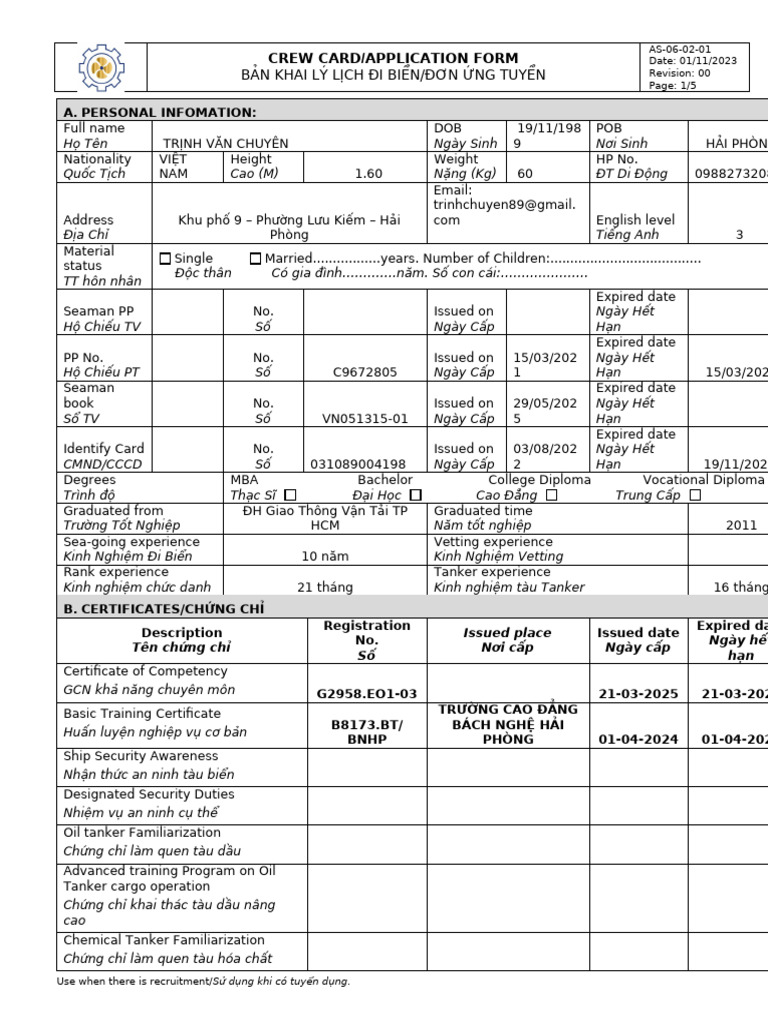As-06!02!01 Ban Khai Ly Lich Di Bien - Crew Card Application Form | PDF