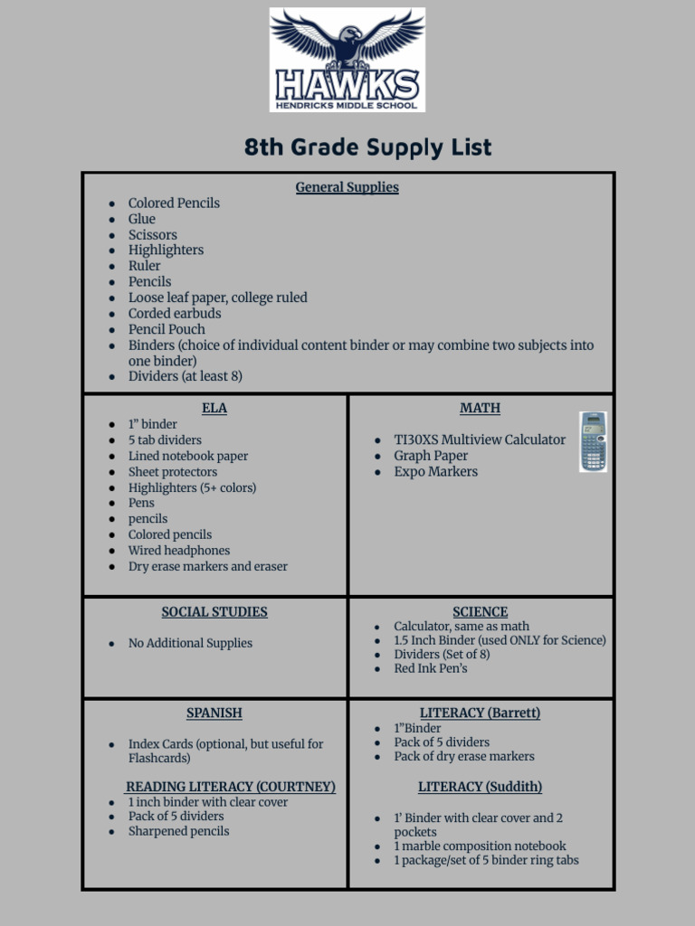 HMS School Supply List - 8th | PDF