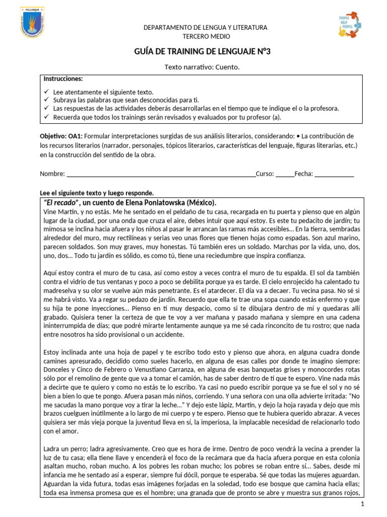 TRAINING 3 - TEXTO NARRATIVO - El Recado (Elena Poniatowska) 1 | PDF ...
