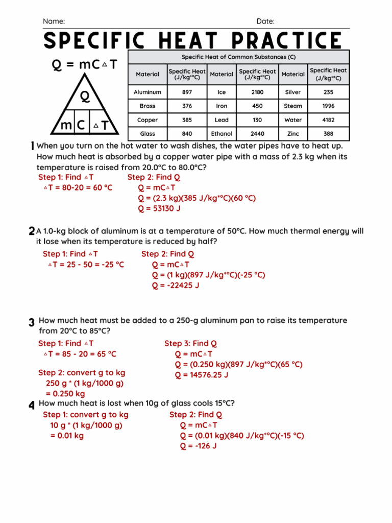 Specific Heat Practice Answer Key | PDF | Heat Capacity | Heat