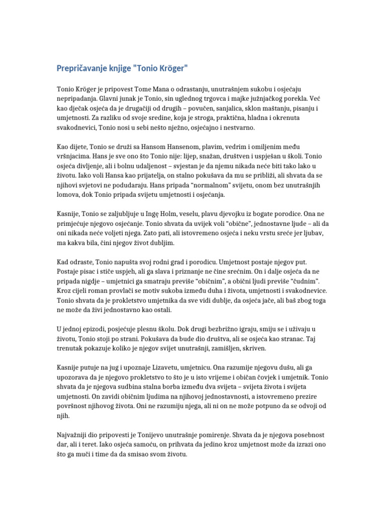 Tonio Kroger Prepricavanje | PDF