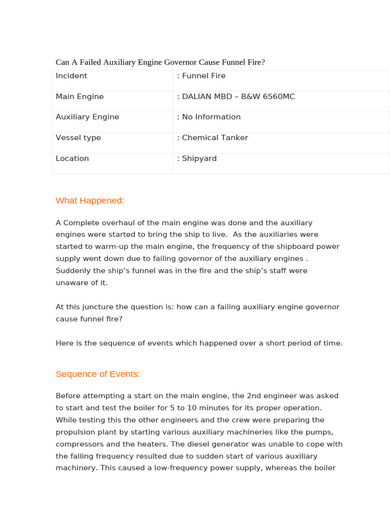 Auxiliary Engine Governor and Funnel Fire | PDF | Boiler | Ships