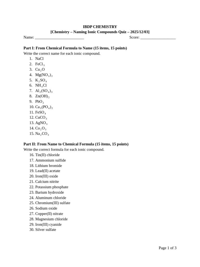 Chemistry - Naming Ionic Compounds Quiz - 20251203 | PDF