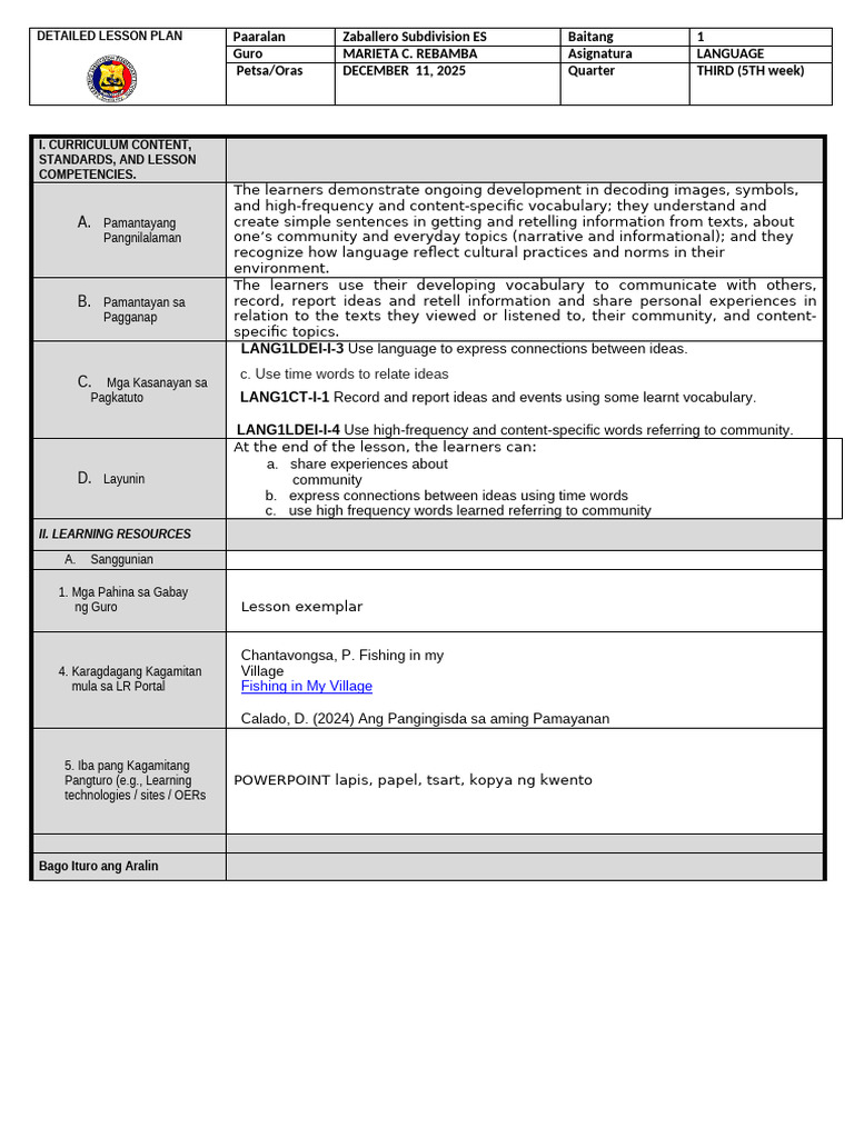 Language 1 Dlp q3 w5 Day2 Revised k2 12 | PDF