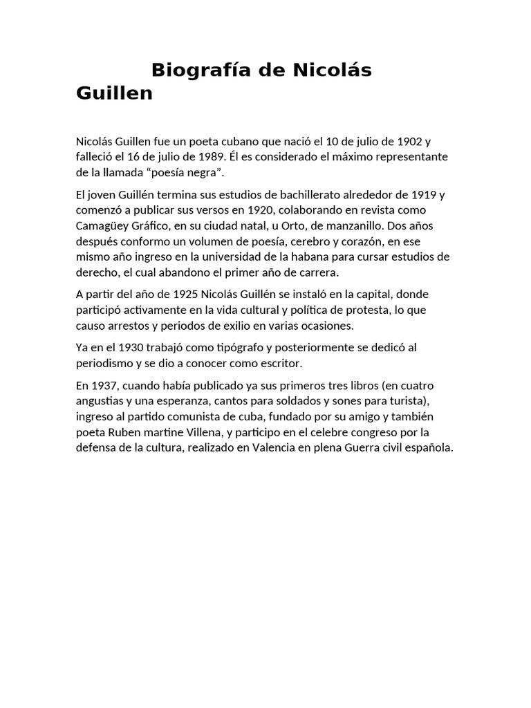 Biografía de Nicolás Guillén, poeta cubano | PDF