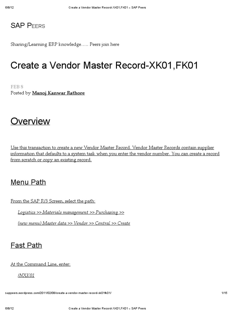 Create A Vendor Master Record-XK01, FK01 | PDF | Address (Geography ...