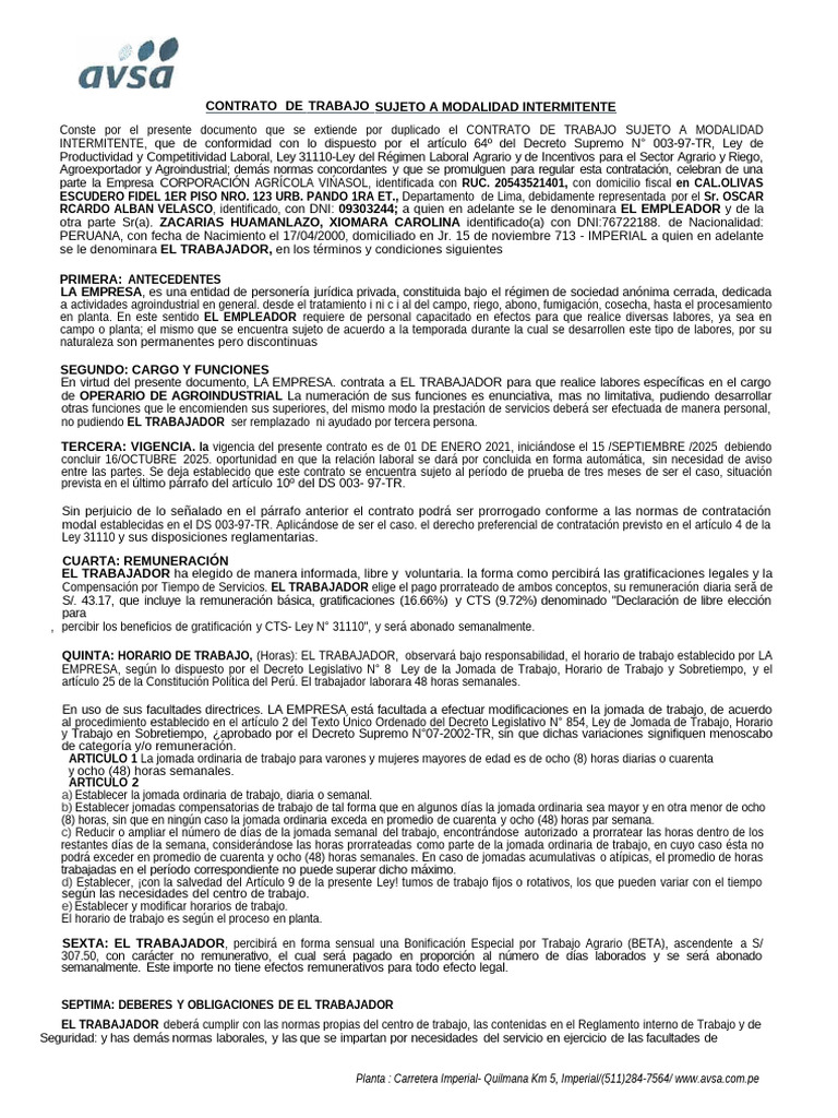 Contrato de Trabajo Sujetoa Modalidad Int Ermit Ent e | PDF | Salario