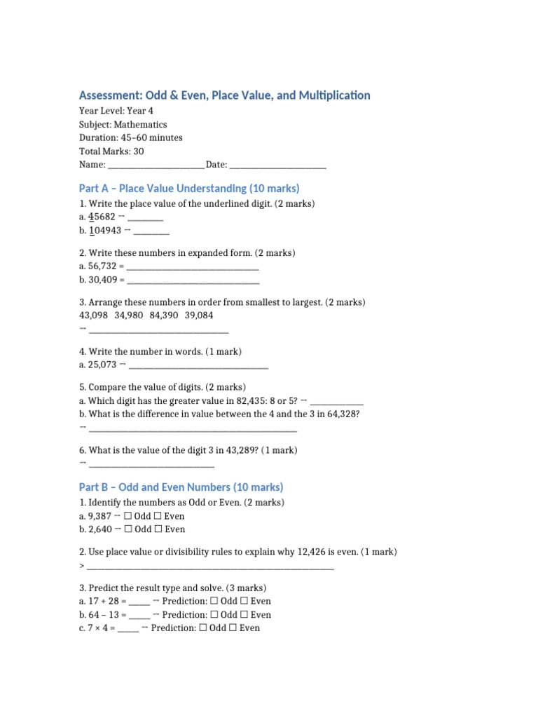 Odd Even Multiplication PlaceValue Assessment | PDF