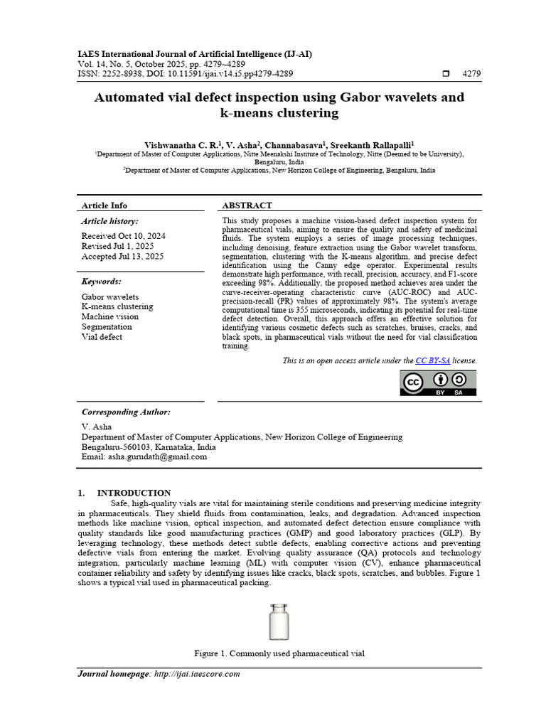 Automated vial defect inspection using Gabor wavelets and k-means clustering | PDF | Cluster ...