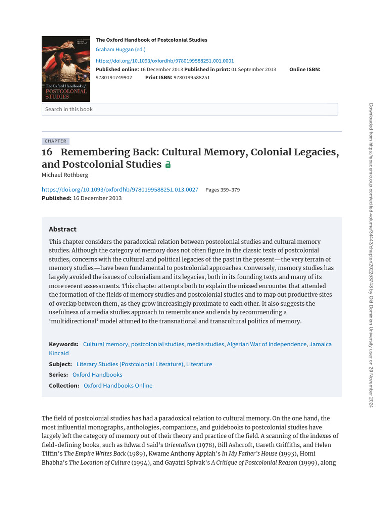Remembering Back - Cultural Memory, Colonial Legacies, and Postcolonial ...