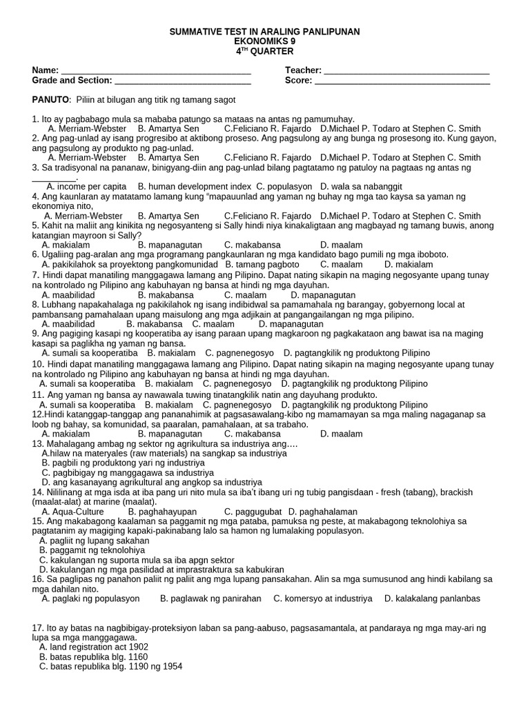 4th QTR SUMMATIVE TEST IN ARALING PANLIPUNAN | PDF