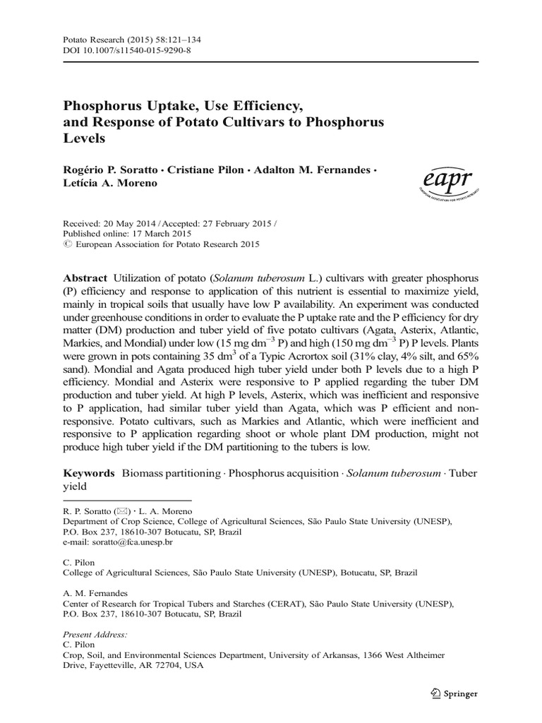 2015. Phosphorus Uptake, Use Efficiency, And Response of Potato ...
