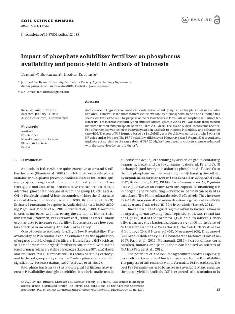 Impact of Phosphate Solubilizer Fertilizer On Availability and Potato ...