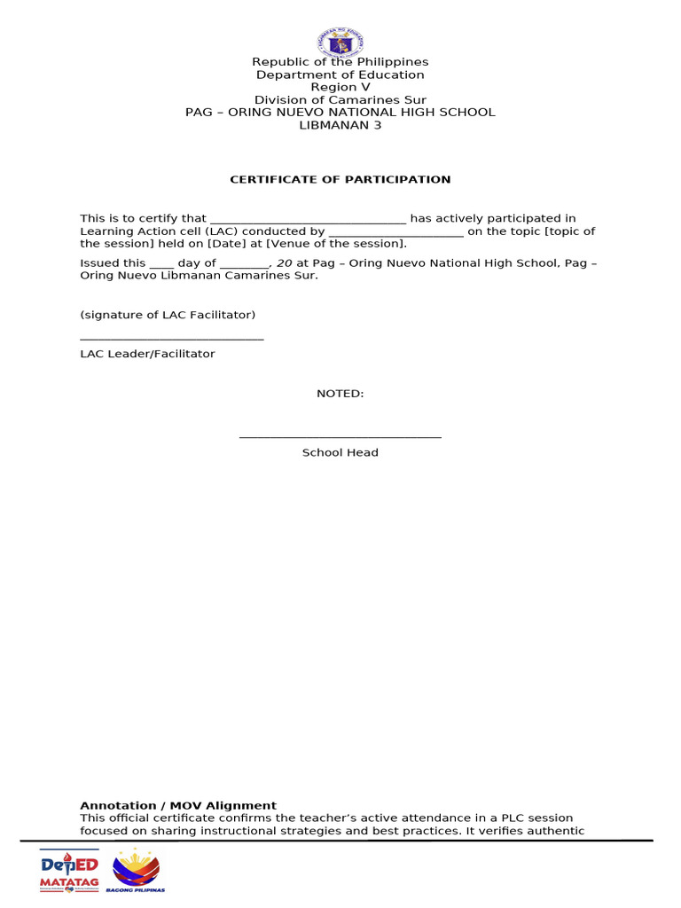 Certificate of Participation in LAC Session | PDF