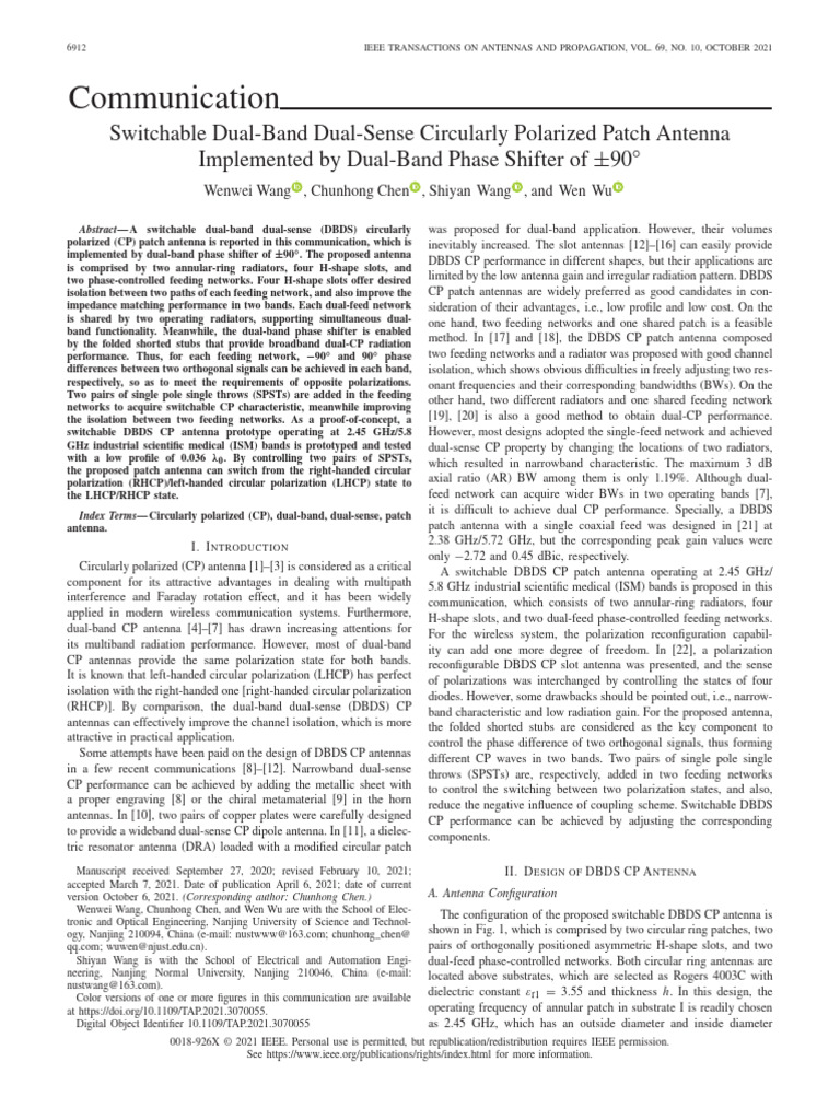 Switchable Dual-Band Dual-Sense Circularly Polarized Patch Antenna Implemented by Dual-Band ...