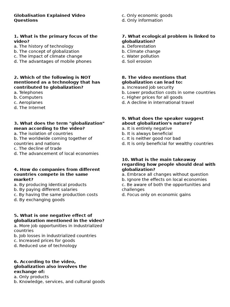 Globalisation Explained Video Questions | PDF | Globalization | Economies