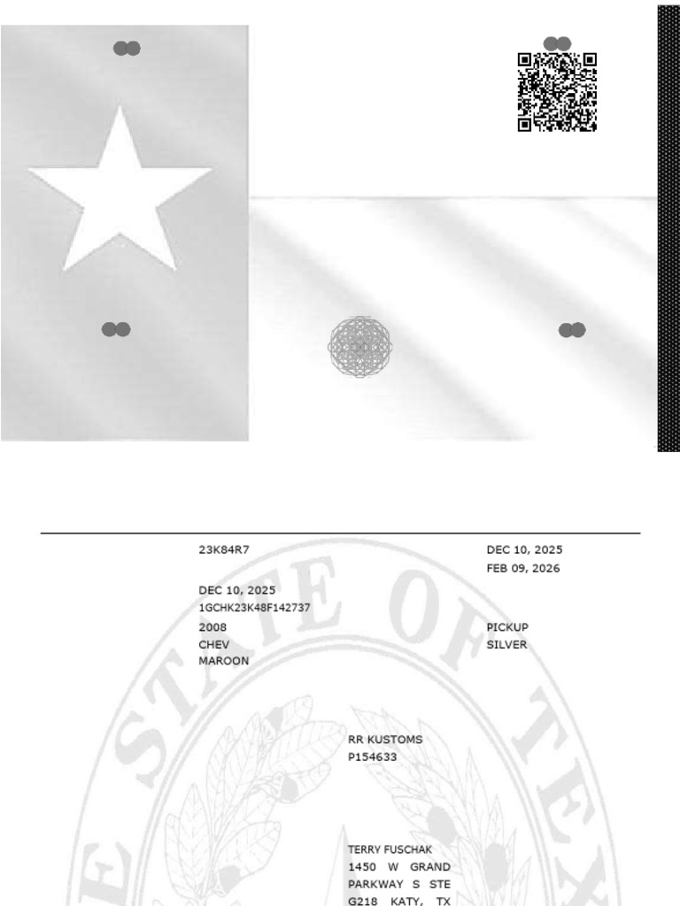 Texas Vehicle Tag Receipt 2025 | PDF