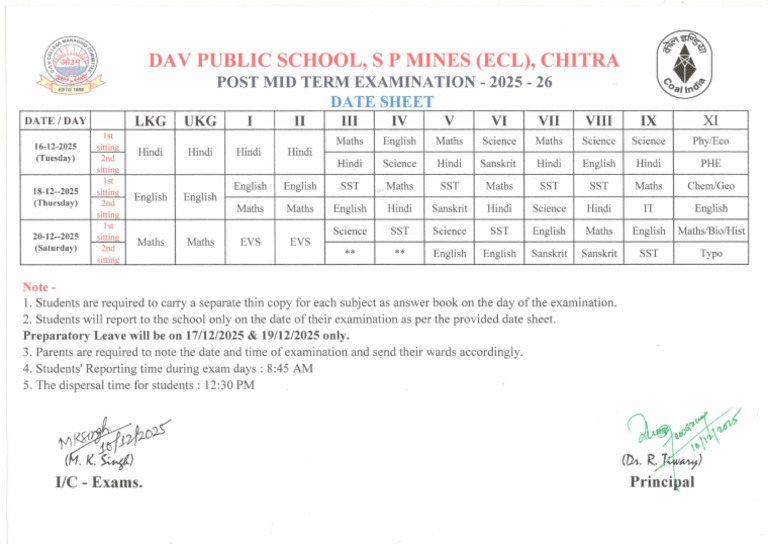 Date Sheet @post Mid Term Exam - (2025-26) | PDF