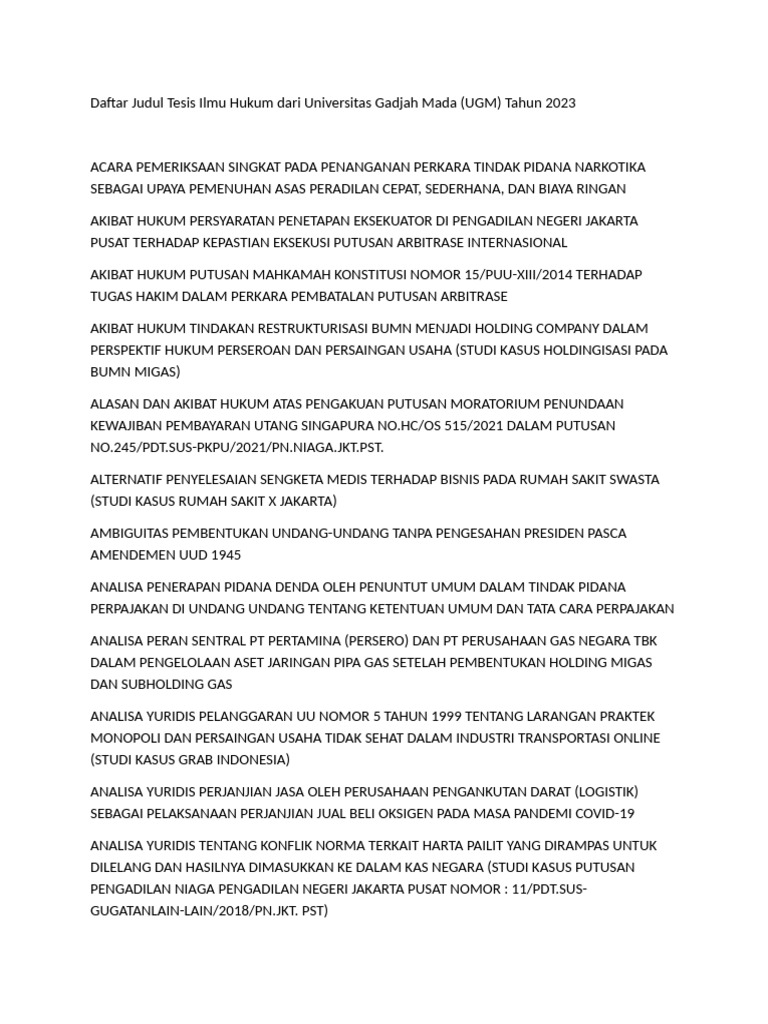 Tesis Ilmu Hukum UGM 2023: Daftar Judul | PDF