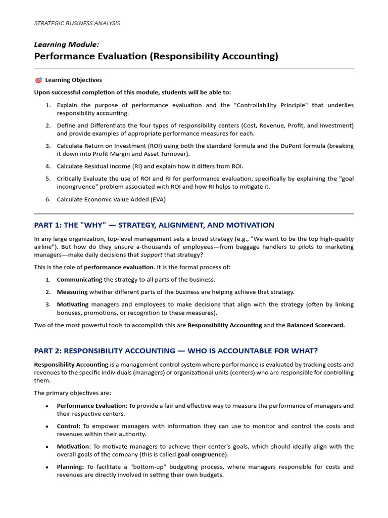 Performance Evaluation in Responsibility Accounting | PDF | Return On ...