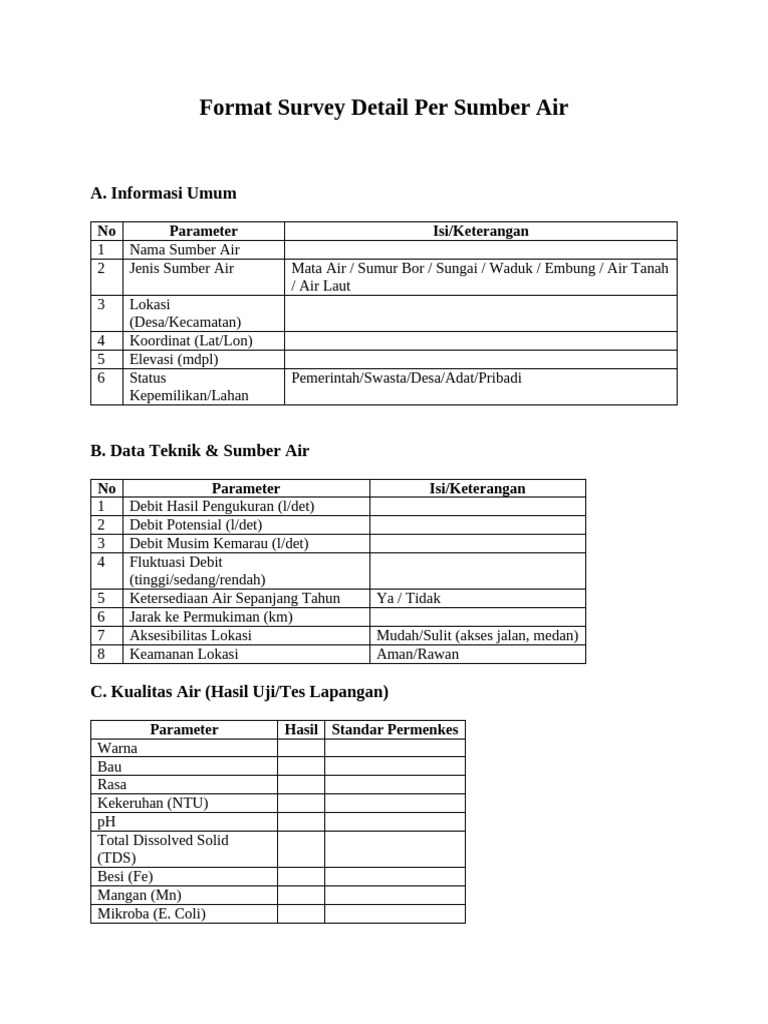 Format Survey Detail Per Sumber Air | PDF