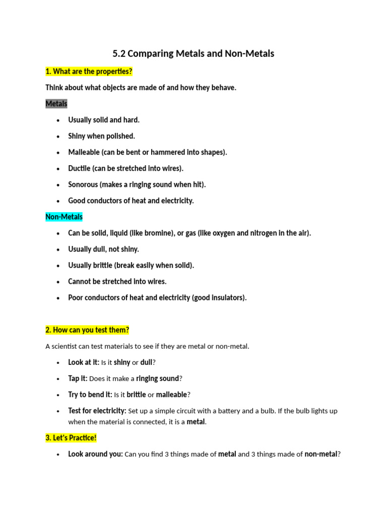 5.2 Comparing Metals and Non-Metals | PDF