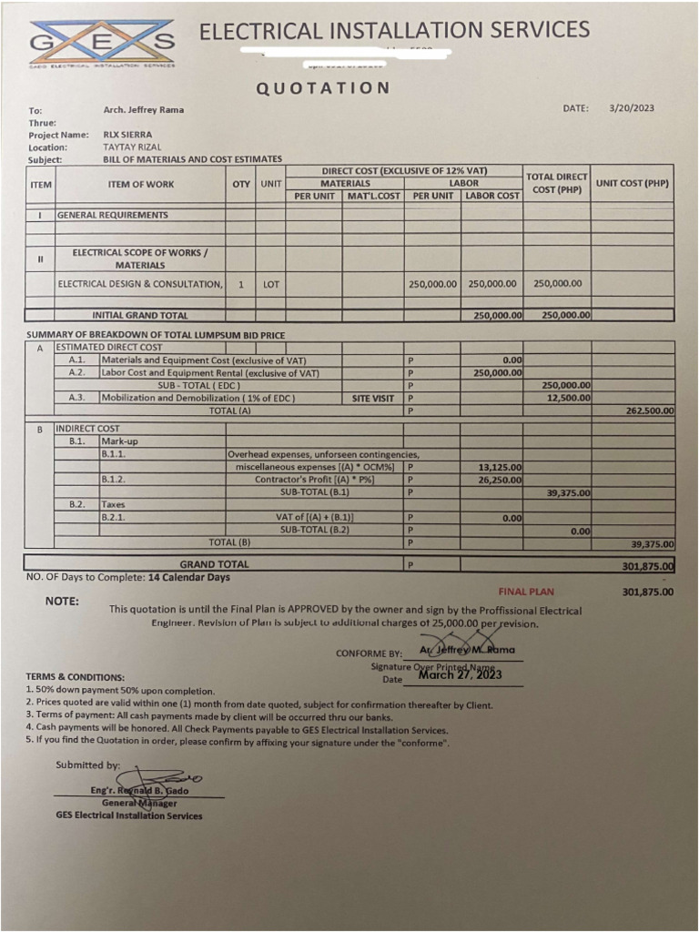 Signed -Electrical Design Quotation | PDF