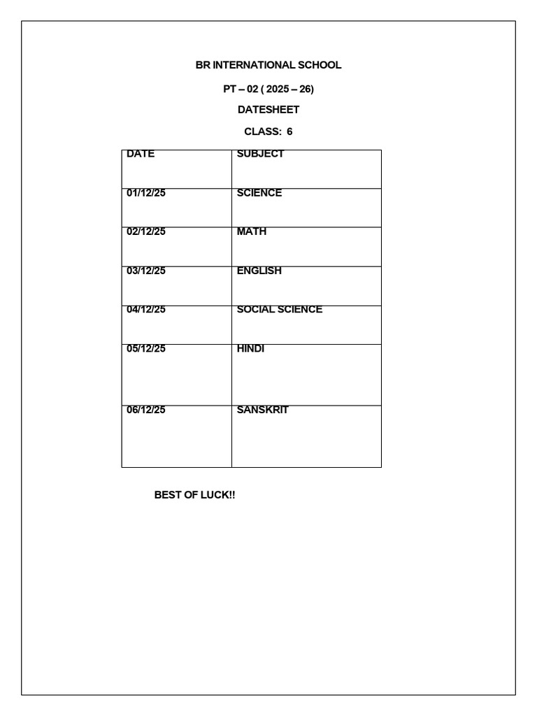 Class 6 PT - 02 Datesheet | PDF