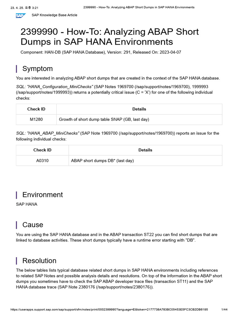 Analyze ABAP Short Dumps in SAP HANA | PDF | Database Transaction ...
