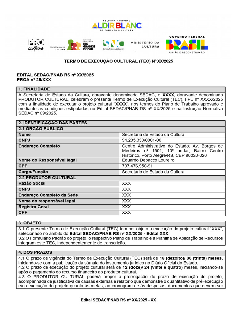 Termo de Execução Cultural SEDAC/PNAB RS | PDF | Contabilidade | Conta ...