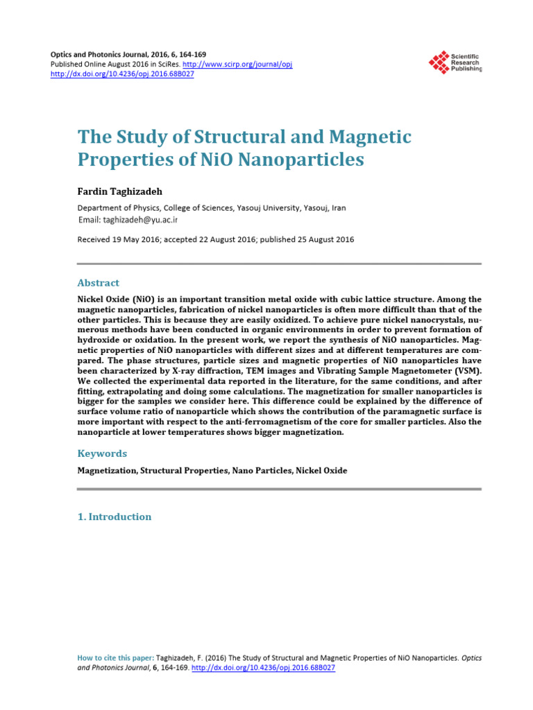 NiO Nanoparticles: Structure & Magnetism | PDF | Nanoparticle | Nickel