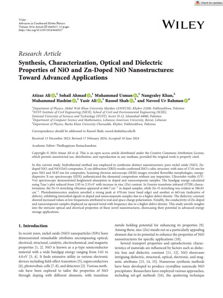 Advances in Condensed Matter Physics - 2024 - Ali - Synthesis Characterization Optical and ...