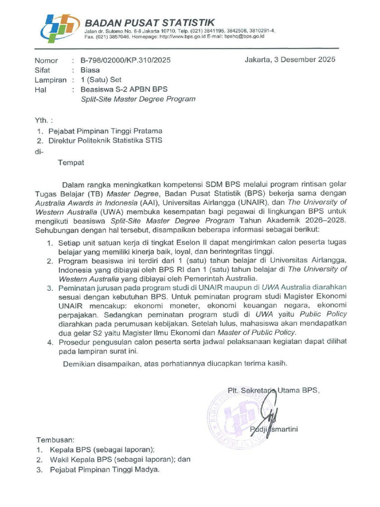 AGNO 2416 - B-798 Penawaran Beasiswa S-2 APBN BPS Split Site Master Degree Program-1 | PDF