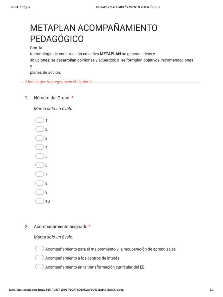 Formulario METAPLAN ACOMPAÑAMIENTO PEDAGÓGICO | PDF | Aprendizaje ...