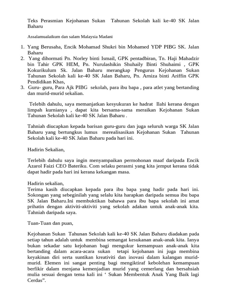 Perasmian Kejohanan Sukan SK Jalan Baharu | PDF