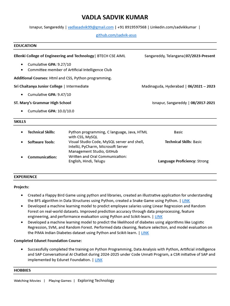 Vadla Sadvik Kumar Resume | PDF | Machine Learning | Artificial ...