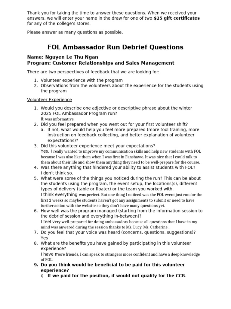 FOL Ambassador Run Debrief Questions_W25 | PDF