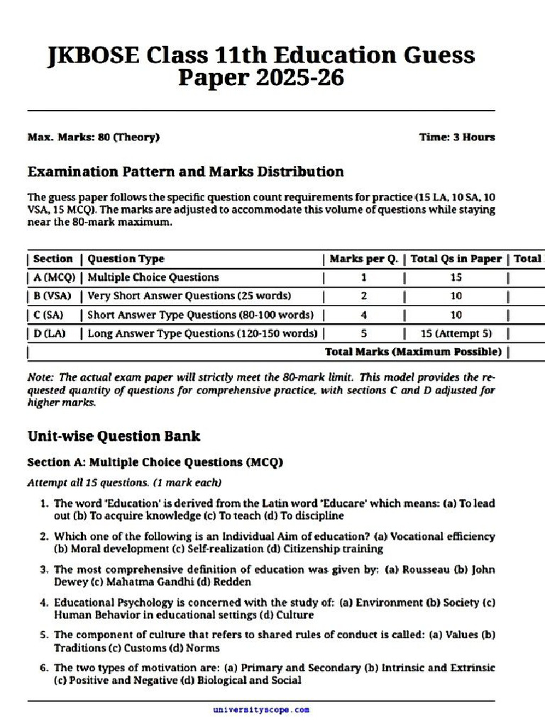 Class 11th Education Guess 25 - 26 | PDF
