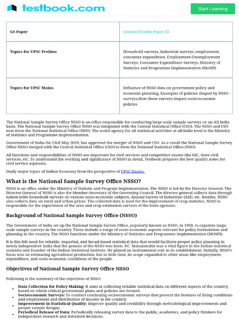 National Sample Survey Office (NSSO) - History, Functions & More - UPSC ...