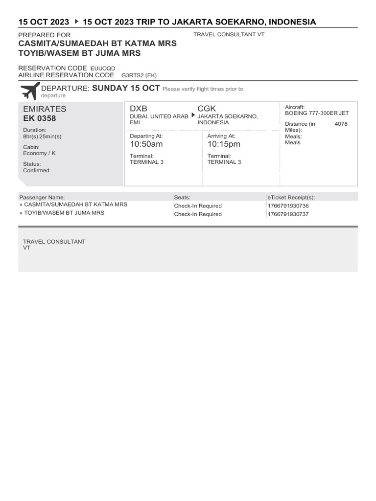 Emirates Flight EK 0358 to Jakarta | PDF