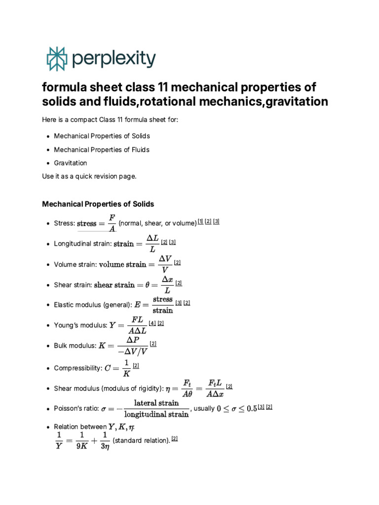 Class 11 Physics Formula Sheet | PDF | Young's Modulus | Fluid